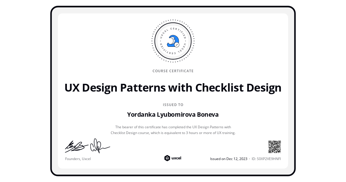 Certificate of completion for UX Design Patterns with Checklist Design | Uxcel